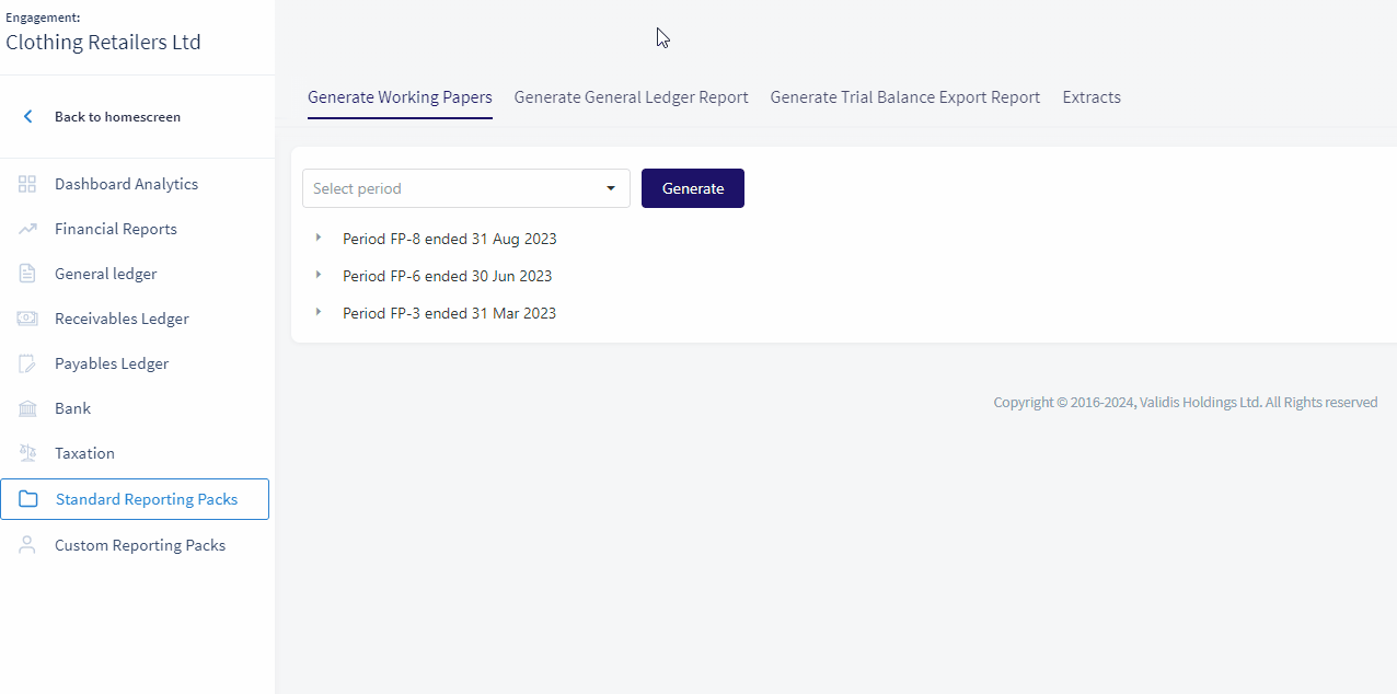 Generating the Working Papers Reporting Pack – Validis Support